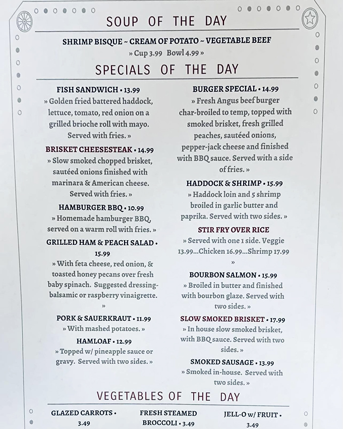 This menu isn't playing games—when shrimp bisque gets top billing alongside Pennsylvania classics like pork and sauerkraut, you know you're in good hands.