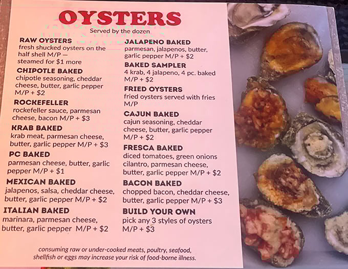 This menu isn't just a list—it's a treasure map to oyster nirvana. The "Build Your Own" option is basically an invitation to culinary greatness.