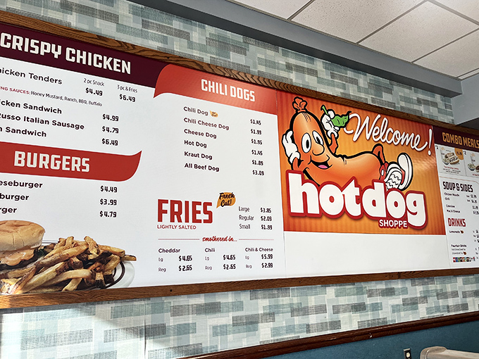 This menu board isn't just listing food items; it's a roadmap to happiness. The cartoon hot dog mascot knows exactly what you're thinking.