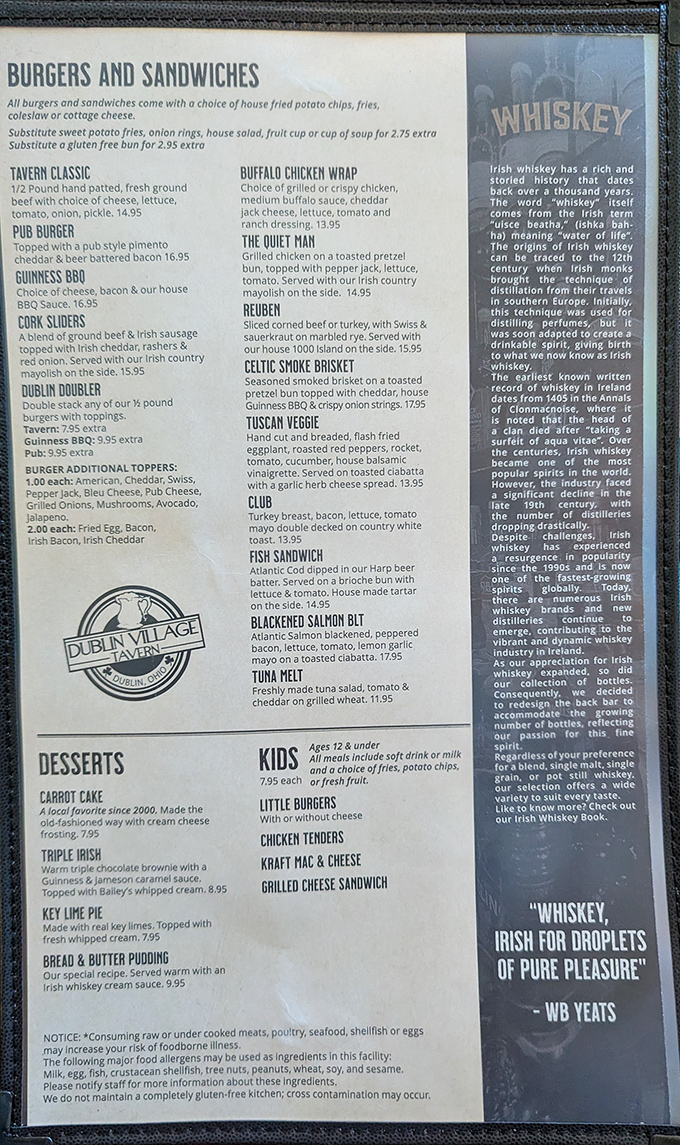 The menu reads like a love letter to Irish-American cuisine, with everything from classic fish and chips to creative fusion dishes.