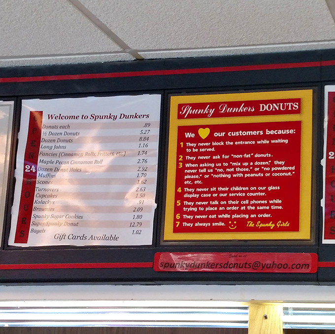 The menu board doubles as a manifesto for customer etiquette. Rule #2 about "non-fat donuts" speaks to my soul on a spiritual level.