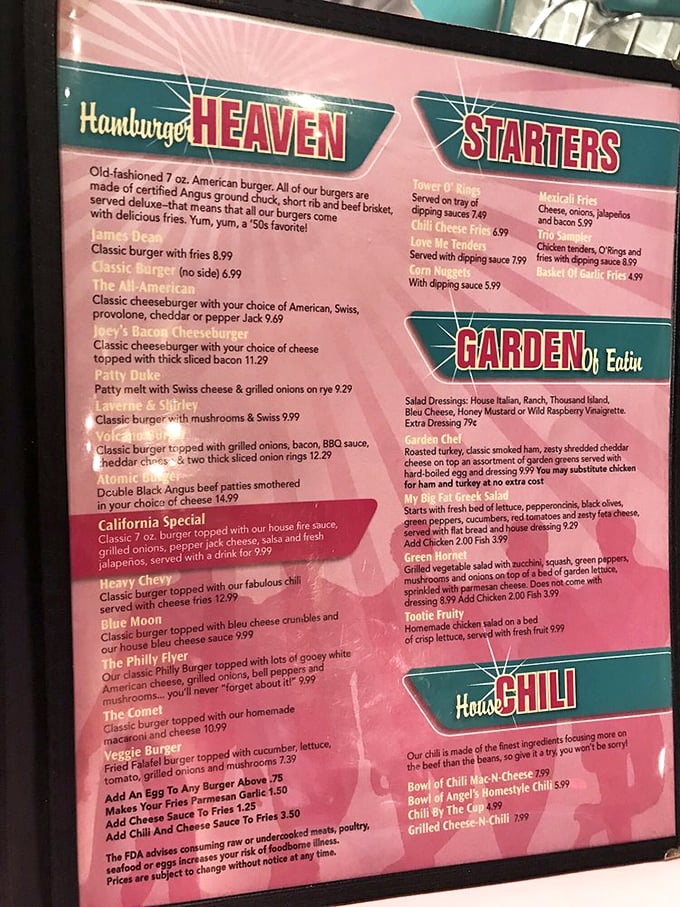 "Hamburger Heaven" isn't just clever marketing&mdash;it's a promise delivered with every juicy bite. The menu's retro design matches its classic offerings.