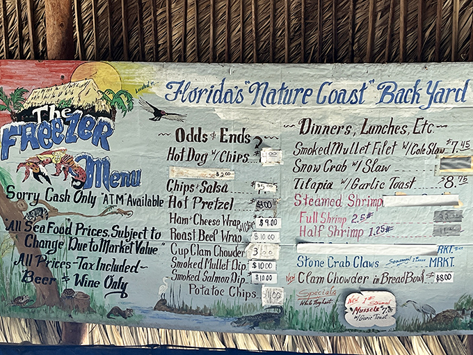 The hand-painted menu board&mdash;Florida's culinary constitution. Simple offerings with no pretense, just the promise of seafood that tastes like it jumped from the Gulf moments ago.