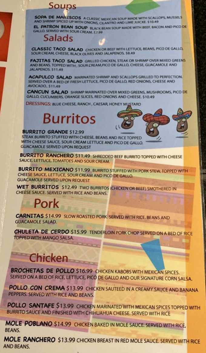The menu reads like a love letter to Mexican cuisine, with soups, salads, and those legendary burritos waiting to steal your heart.