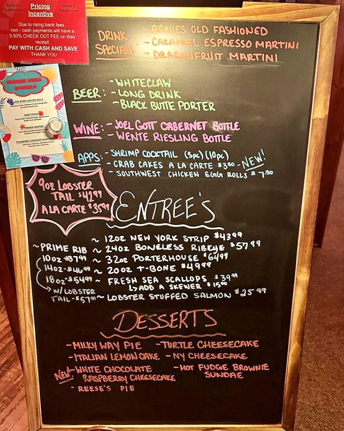 The chalkboard menu tells you everything you need to know: this place means business. When prime rib gets top billing alongside martinis, priorities are clearly in the right place.