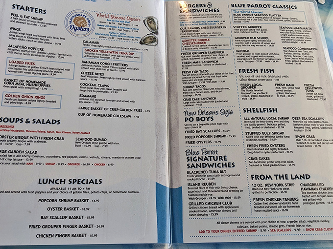 The menu reads like a love letter to Gulf seafood &ndash; promising everything from peel-and-eat shrimp to the legendary grouper sandwich that locals whisper about.