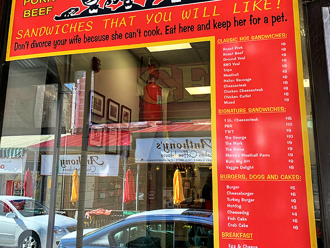 Don't divorce your wife because she can't cook. George's menu board offers marital advice alongside their legendary sandwiches. Talk about full service!