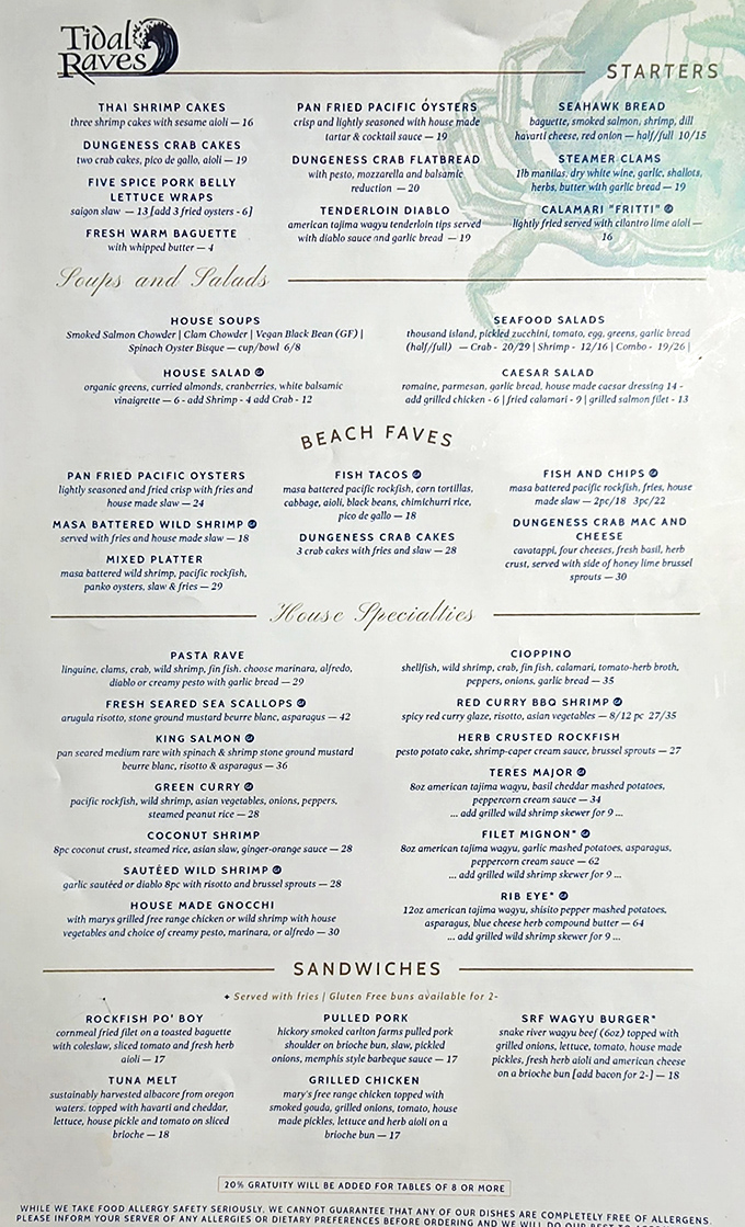 A menu that reads like poetry to seafood lovers. Each dish promises the Pacific Northwest's bounty prepared with respect and a touch of culinary magic.
