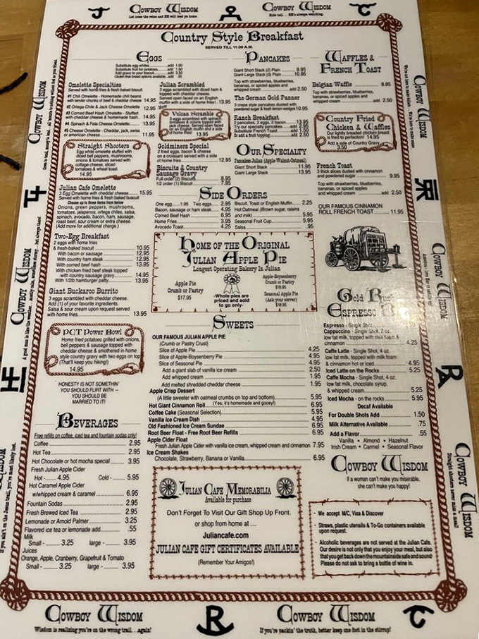 The menu reads like a love letter to country cooking, bordered with "Cowboy Wisdom" that's almost as satisfying as the food itself.