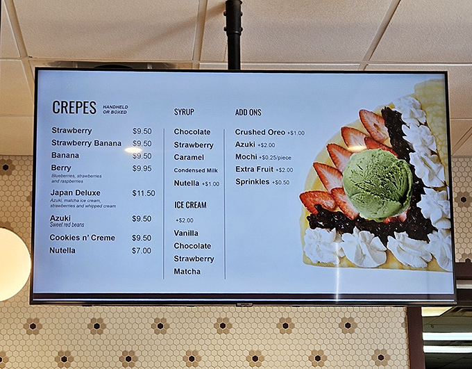 The menu board reads like poetry to dessert lovers, with crepe combinations that would make even French pastry chefs nod in respect.