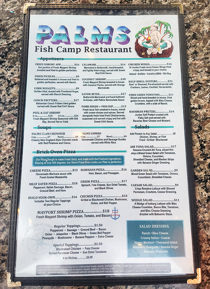 A menu that reads like a love letter to Florida's waters &ndash; from gator bites to Mayport shrimp pizza, each dish promising coastal comfort.