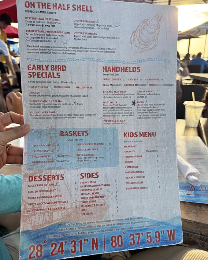 A menu that reads like a love letter to seafood enthusiasts. From oysters on the half shell to early bird specials, decisions have never been so deliciously difficult.