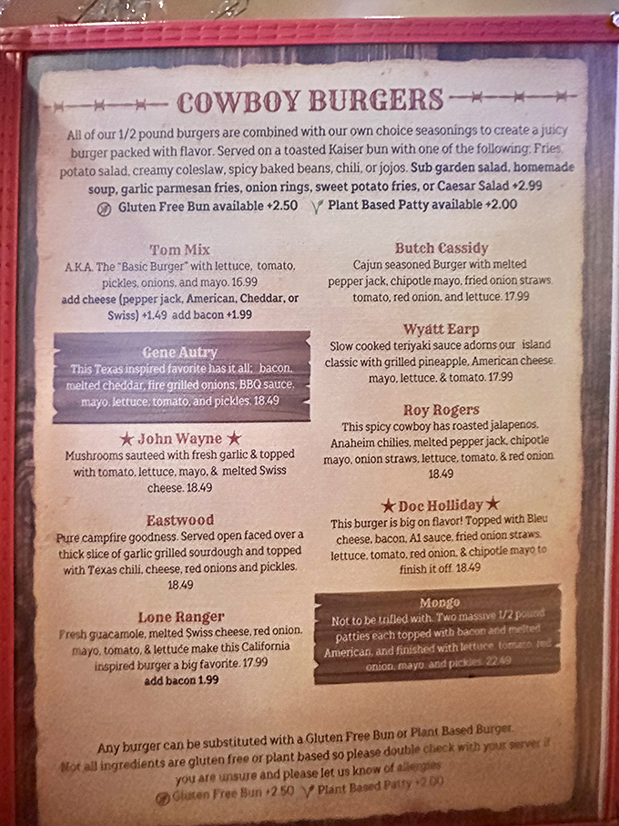 The cowboy burger menu reads like a Western casting call, with each creation named after silver screen legends who'd appreciate these hearty offerings.