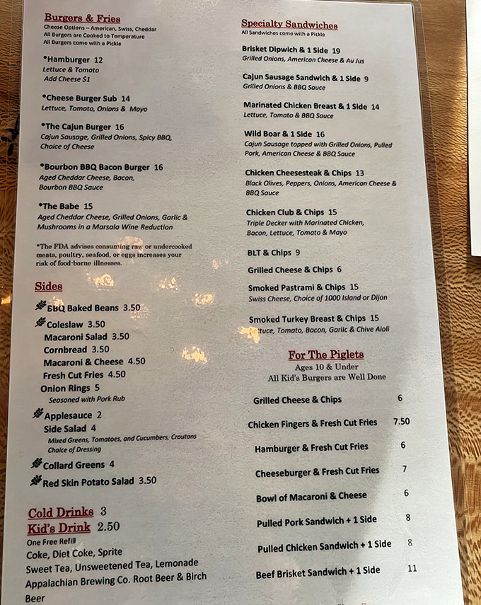 A menu that gets straight to the point: meat, sides, and happiness. The Wild Boar sandwich is calling my name like a siren song.