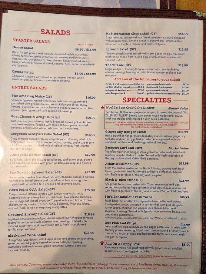 The menu reads like a love letter to Maryland seafood, with the "World's Best Crab Cake" boldly declaring its royal status among the offerings.