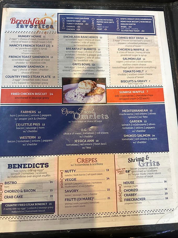 The menu reads like a love letter to breakfast classics. Those "Open-Faced Omelets" aren't just a section&mdash;they're a declaration of delicious intent.