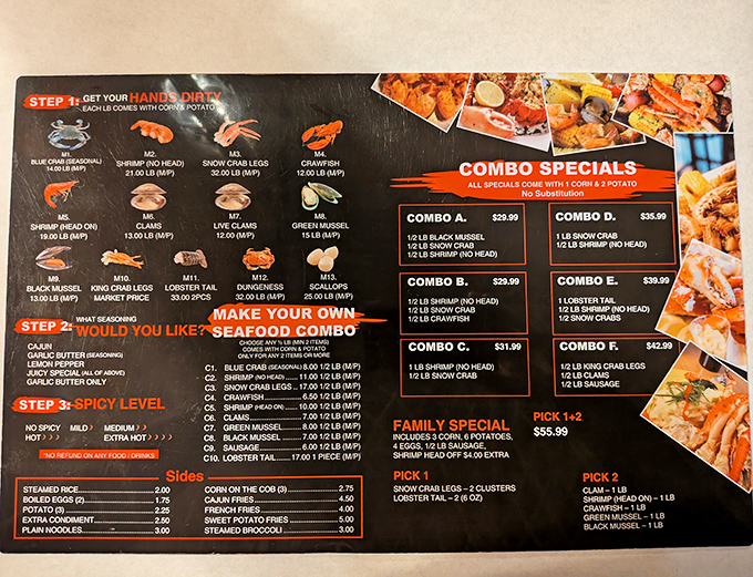 This menu turns dining into an adventure with create-your-own seafood combos, rich flavors, and classic Southern sides.