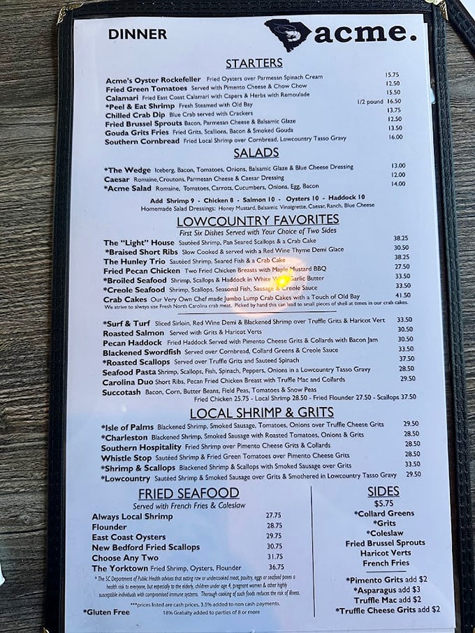 A menu that reads like a love letter to Lowcountry cuisine. Six different shrimp and grits variations? That's not indecision&mdash;that's dedication!