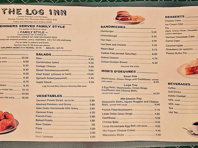 The menu tells the whole story&mdash;family-style dinners with all the fixings. This single page contains more happiness than most novels.