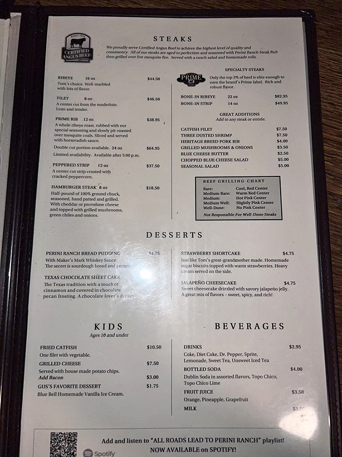 This isn't just a menu &ndash; it's a roadmap to happiness. Notice how they don't apologize for well-done steaks? Pure Texas confidence.
