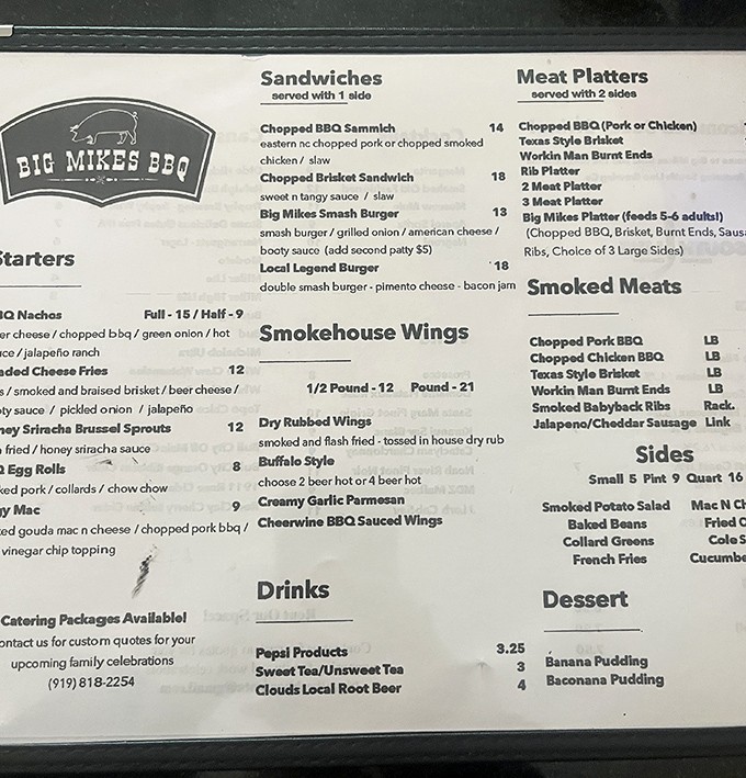 A menu that reads like poetry to meat lovers. The "Workin Man Burnt Ends" might be the most beautiful three-word phrase in English.