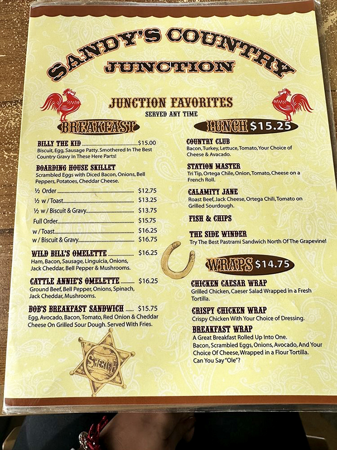A menu that reads like a Western novel—Billy the Kid isn't robbing banks here, just stealing hearts with country gravy and biscuits that could tame any outlaw.