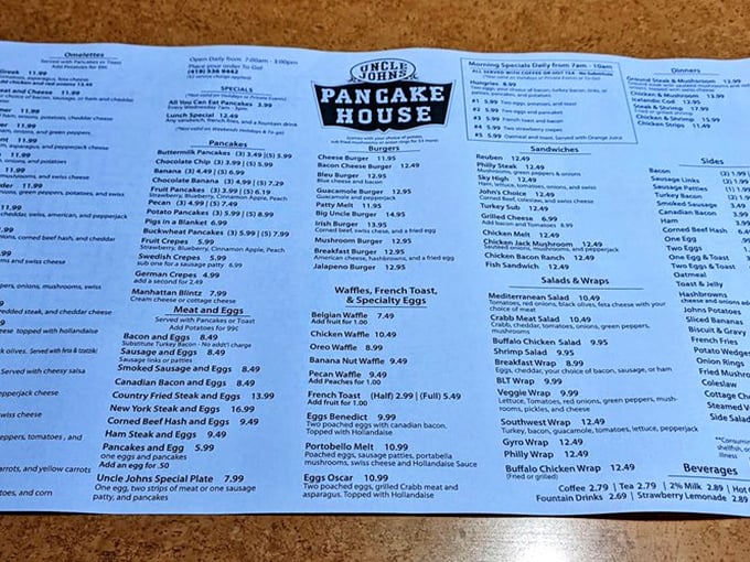The menu at Uncle John's reads like a love letter to breakfast, with enough options to require a strategy session before ordering.