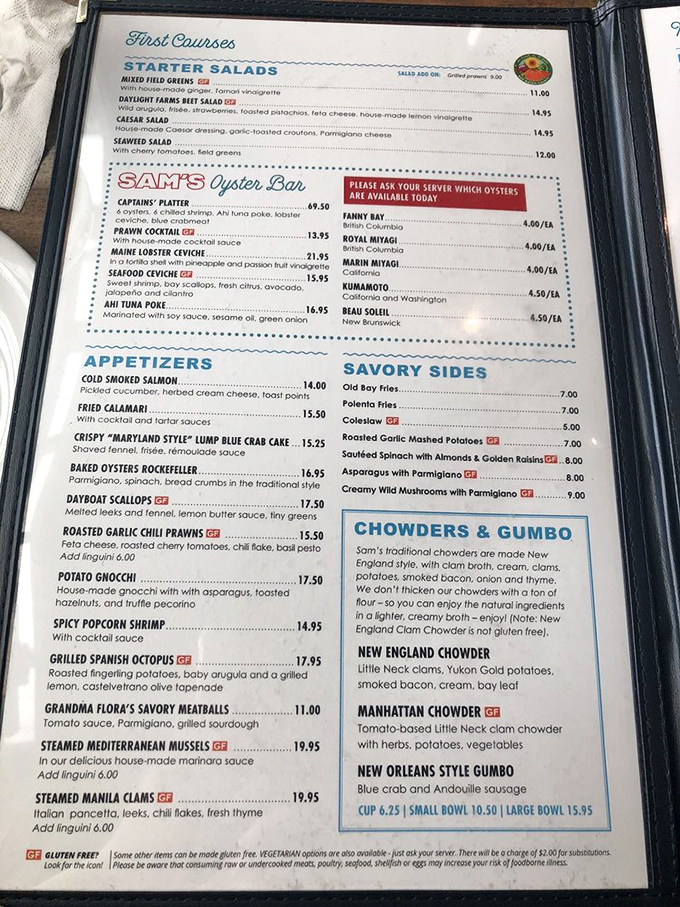 A menu that reads like poetry to seafood lovers. From oysters to octopus, Sam's doesn't just serve food&mdash;it offers an edible coastal adventure.