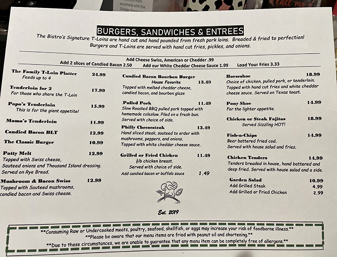 This menu isn't just a list of food&mdash;it's a roadmap to happiness. The "not for the giant appetite" disclaimer is Midwest understatement at its finest.