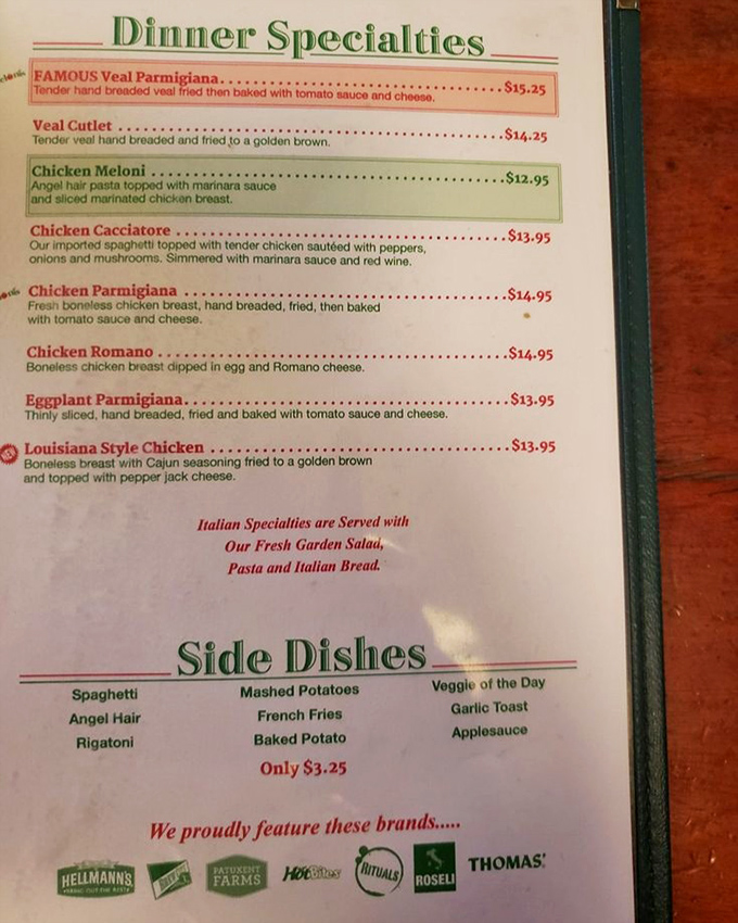 The menu's crown jewel? That famous Veal Parmigiana, highlighted in red as if to say, "Trust me on this one."