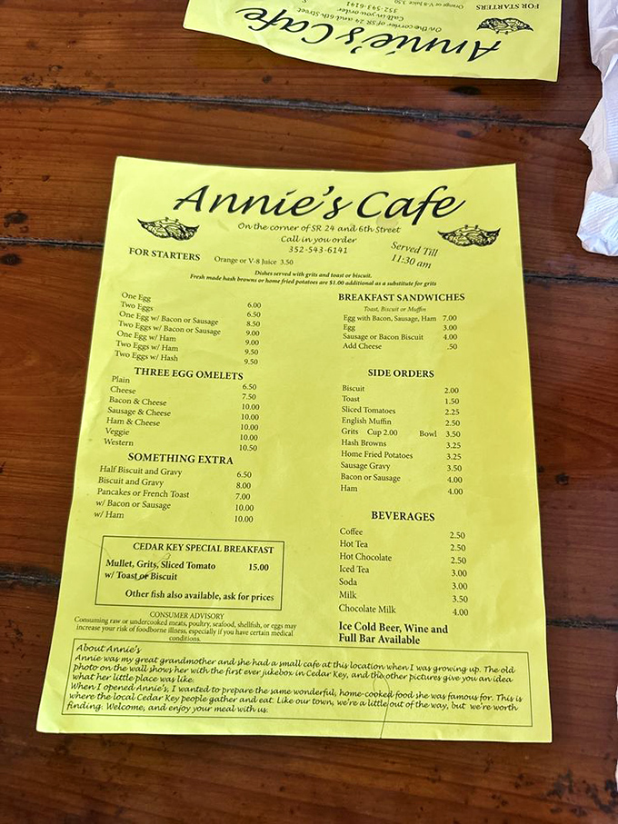 The yellow menu tells the whole story &ndash; unpretentious breakfast classics with that Cedar Key Special starring the local mullet that makes seafood for breakfast suddenly make perfect sense.