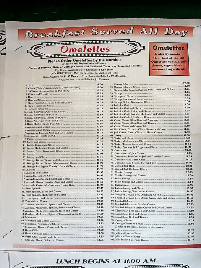 The legendary menu that launched a thousand food comas. With 101 omelette combinations, decision paralysis has never been so delicious.