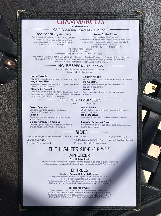 The menu reads like a love letter to Italian cuisine, with "pizza pillows" (their famous strombolis) stealing the spotlight from supporting characters.