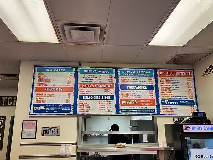 The menu board at Rusty's reads like a love letter to fried deliciousness. Decision paralysis has never been so delicious.