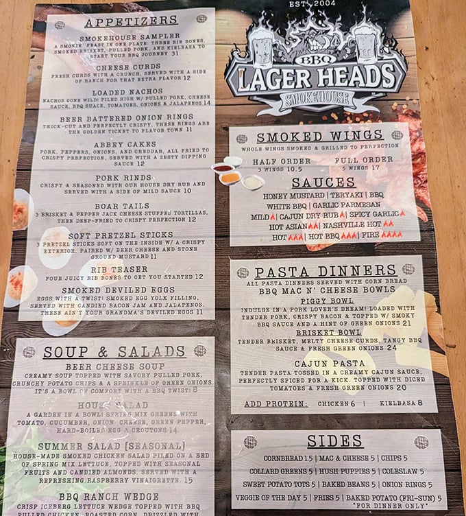 This menu isn't just a list – it's a roadmap to happiness. The "Smokin' Pig Sampler" alone is worth canceling your afternoon plans.