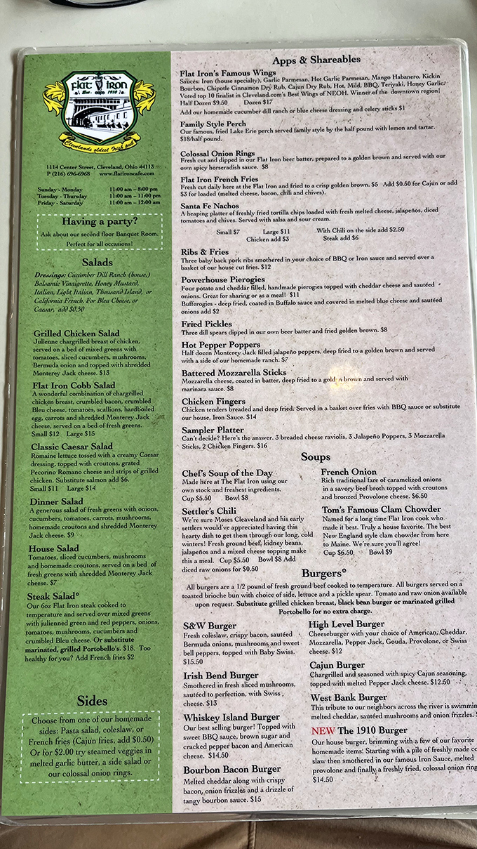 A menu that reads like a love letter to comfort food classics, with the Family Style Perch and Famous Wings stealing the spotlight.