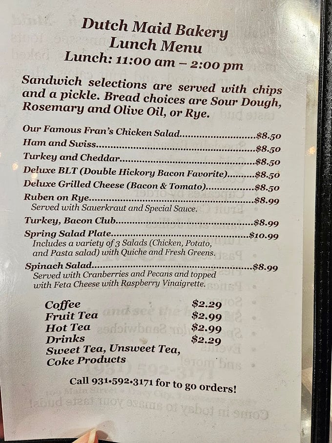 A menu that reads like a love letter to comfort food. The Ruben on Rye and Fran's Chicken Salad aren't just lunch options&mdash;they're edible Tennessee traditions.