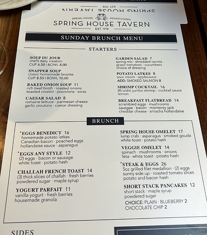 The Sunday Brunch menu reads like a love letter to morning indulgence, from potato latkes to challah French toast.