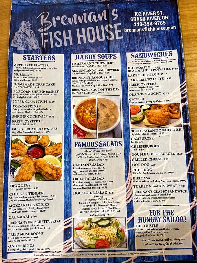 This menu isn't just a list&mdash;it's a treasure map to culinary bliss. The blue background practically whispers "trust me, the seafood here is the real deal."