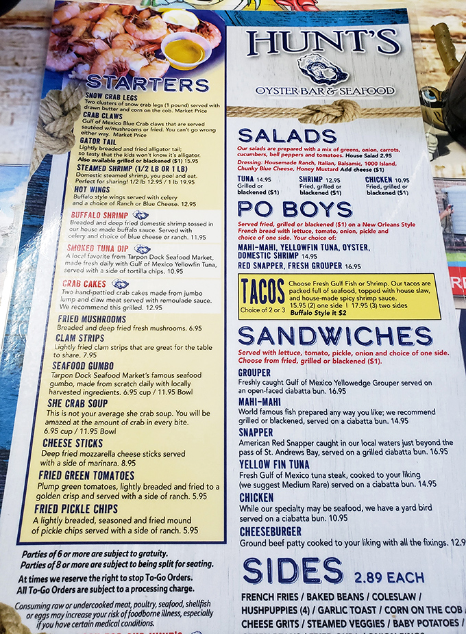 The menu reads like a love letter to the Gulf. When seafood options take up this much real estate, you know you're in the right place.