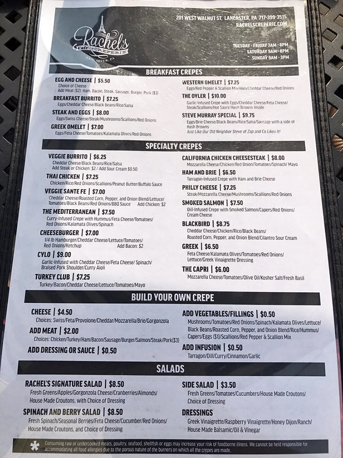 The menu reads like a love letter to both breakfast and lunch, with crepes playing the starring role in this culinary romance.