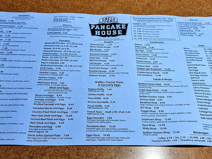 This menu isn't just reading material&mdash;it's a roadmap to happiness. The pancake section alone deserves its own ZIP code.