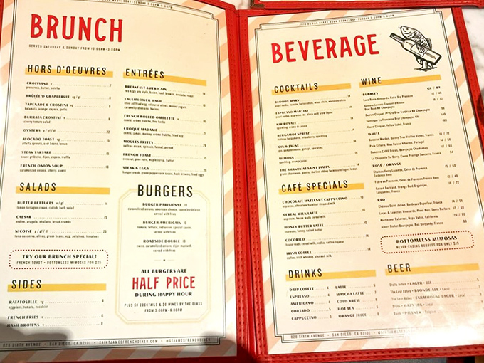 A menu that reads like a love letter to French comfort food. Brunch, burgers, and beverages&mdash;the holy trinity of dining happiness all on one gloriously tempting page.