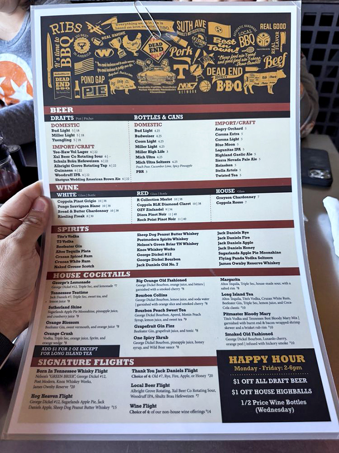 A menu that reads like a love letter to Tennessee traditions, with enough beverage options to make your designated driver feel very, very important.