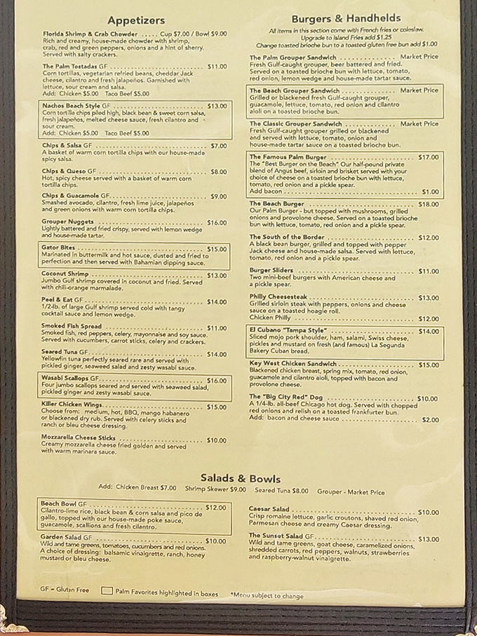 Food decisions that matter! The menu tempts with Florida classics from grouper sandwiches to gator bites&mdash;life's important choices made deliciously difficult.