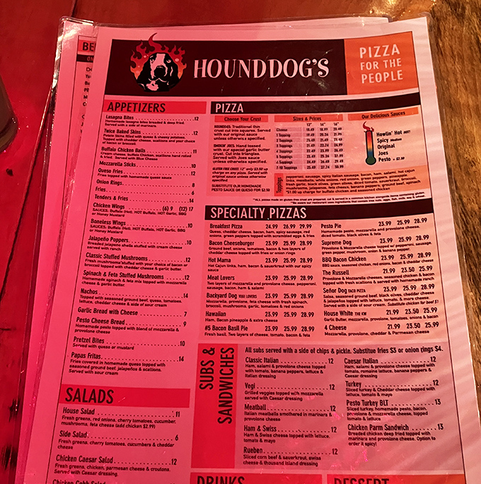 The menu reads like a love letter to pizza possibilities, with specialty pies that range from breakfast-inspired creations to sauerkraut-topped adventures.