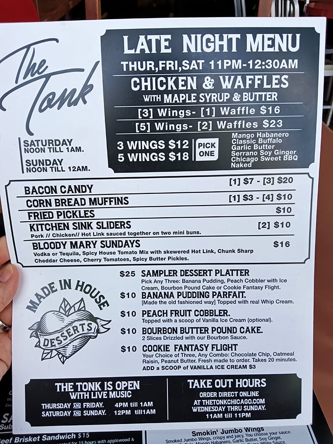 The late-night menu reveals The Tonk's secret weapon: chicken and waffles that arrive after midnight like a sweet-savory superhero to rescue your evening.