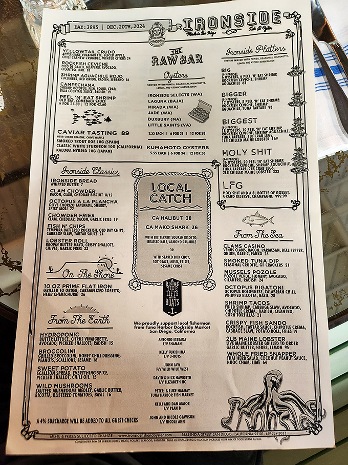 The menu reads like a love letter to the ocean, with everything from oyster platters to the aptly named "Holy Shit" seafood tower.