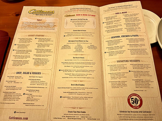 The menu reads like a love letter to beef enthusiasts. Notice how they don't waste precious space on salad descriptions.