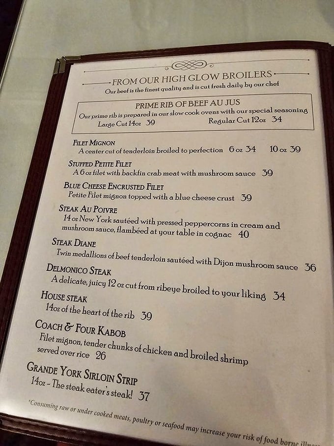 Look at those classic cuts! The "High Glow Broilers" menu promises top-quality, perfectly cooked steaks and classic steakhouse elegance.